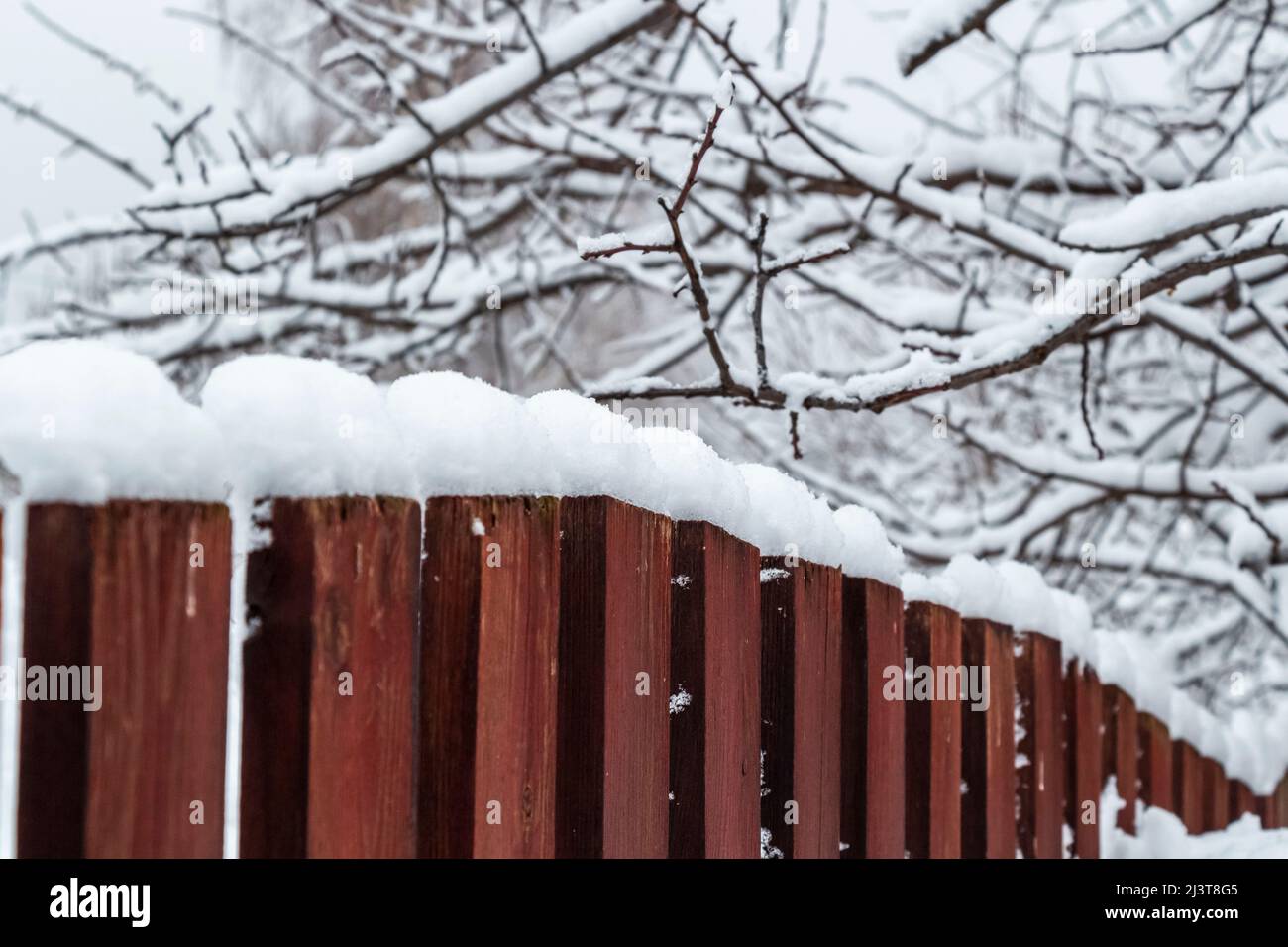 Rural wooden fence covered with freshly fallen snow Stock Photo - Alamy