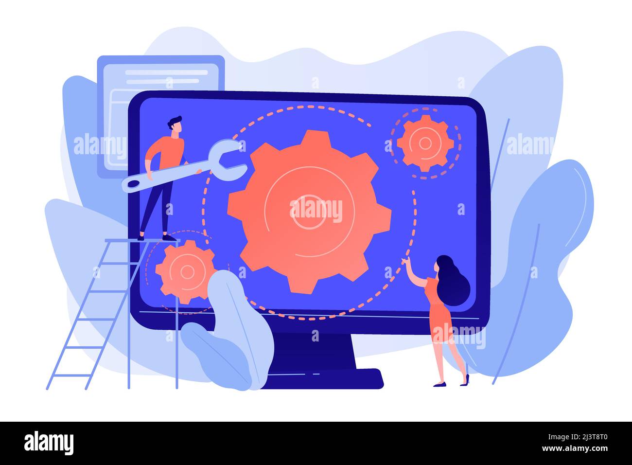 Computer technician with wrench repairing computer screen with gears ...