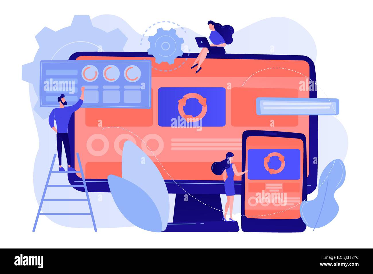 Developers at computer and smartphone working on single page app, tiny people. Single page ...