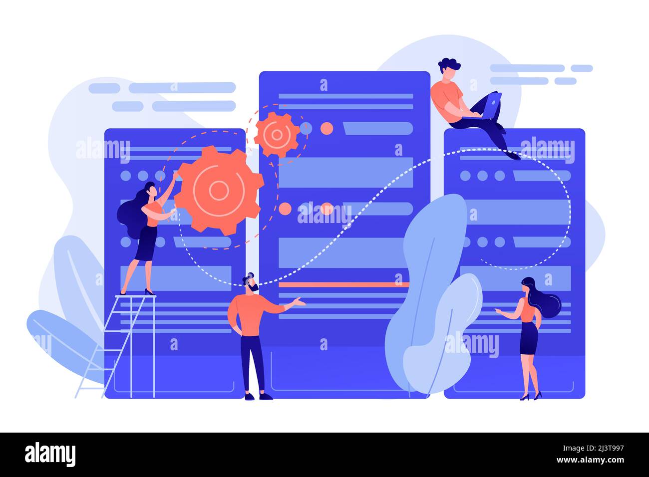 Tiny people data center engineers and administrator working with ...