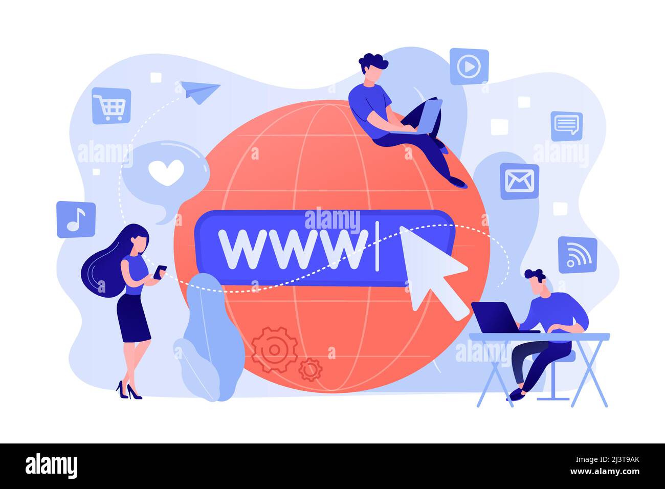 Tiny business people with digital devices at big globe surfing internet ...