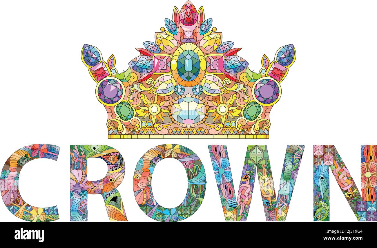 Hand-painted art design. Hand drawn illustration word CROWN with the ...