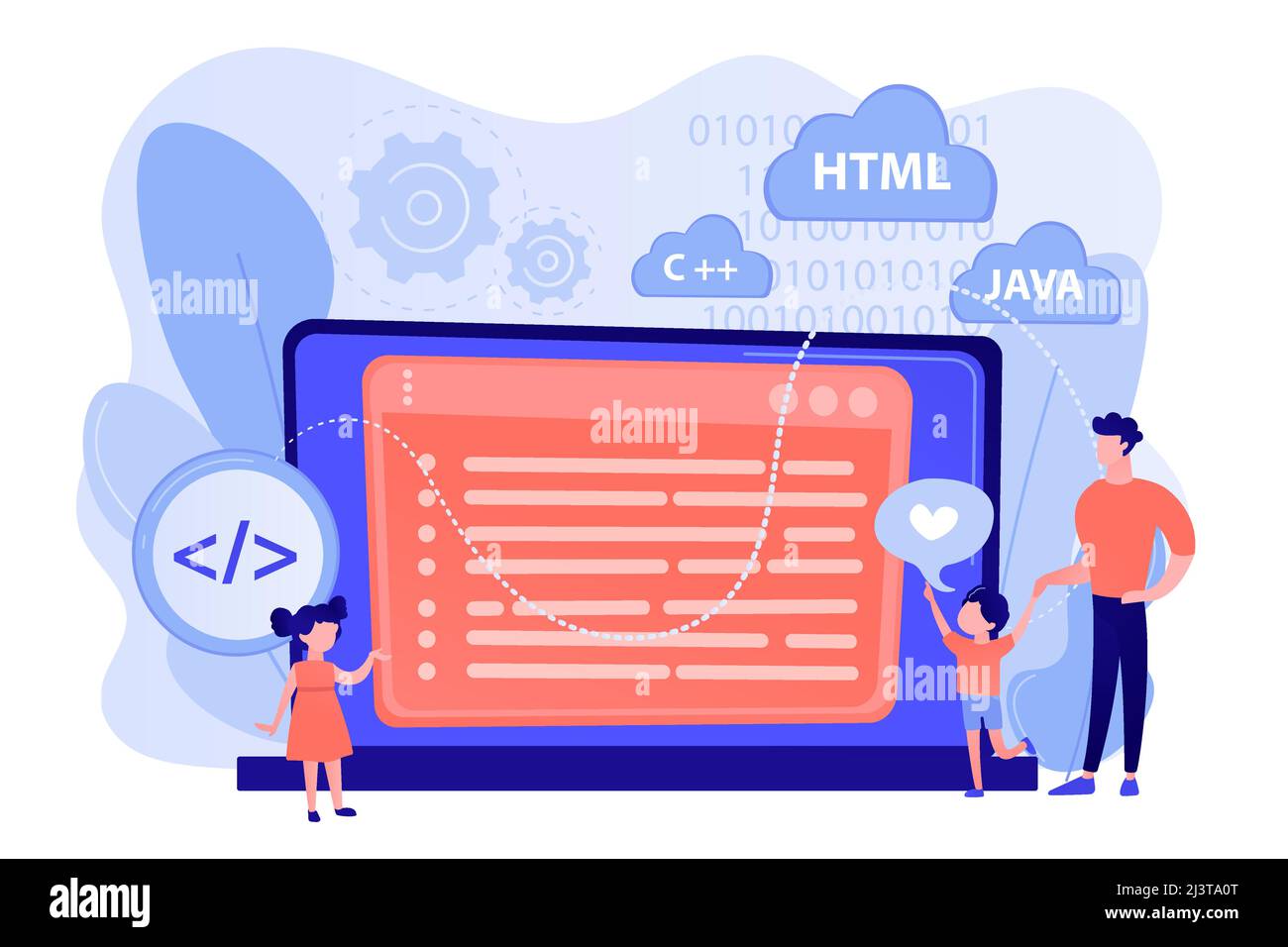 Tiny people, happy kids learning programming on huge laptop. Computer ...