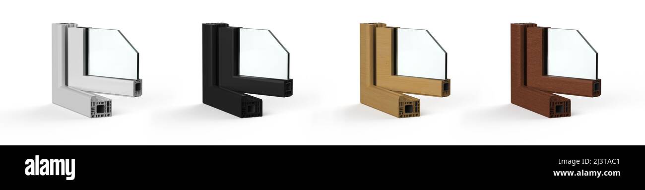 3d rendering set of upvc window profiles or frames with various ...