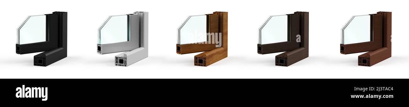 3d rendering set of upvc window profiles or frames with various ...