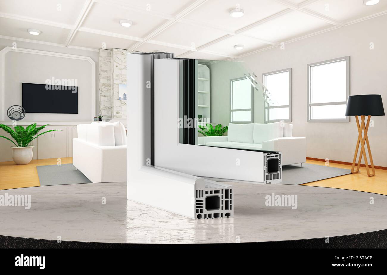 3d rendering upvc window profile frame in living room Stock Photo - Alamy