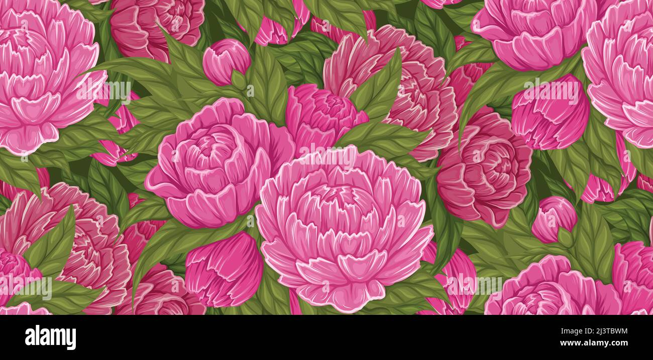 Vector seamless pattern with crowded shrubs with cartoon peony flowers ...