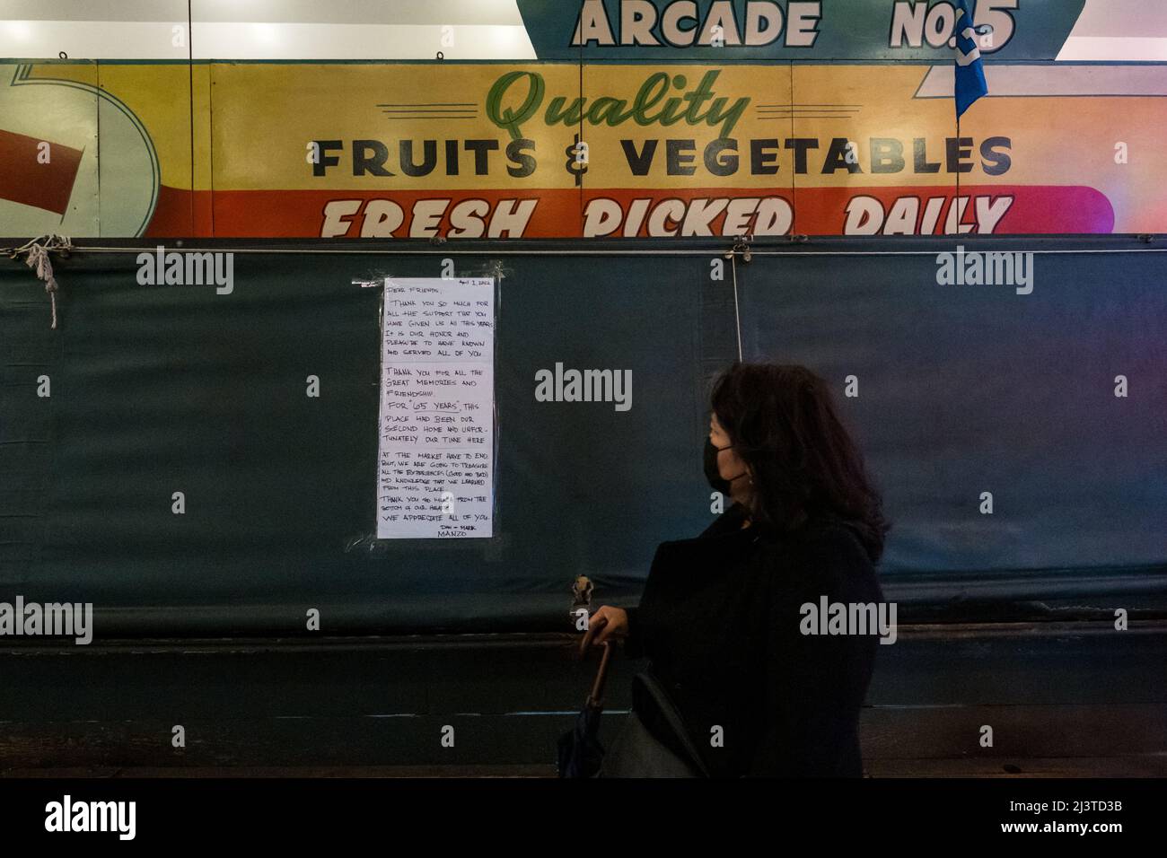 Seattle, USA. 3 Apr, 2022. A person reading a note at the Manzo ...
