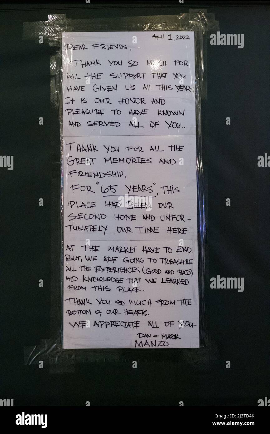 Seattle, USA. 3 Apr, 2022. A note thanking customers at the Manzo ...