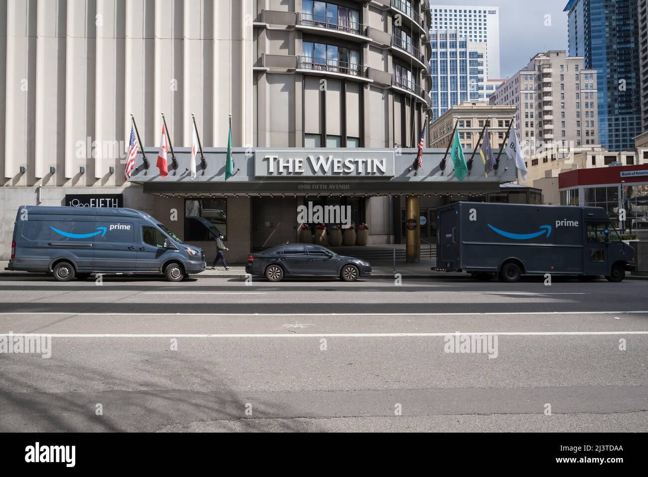 Seattle, USA. 5th Apr, 2022. Two Amazon Prime trucks parked at the ...