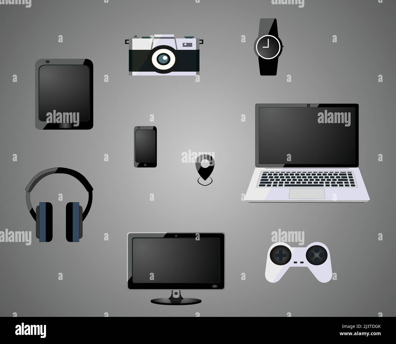 Electronic devices with blank screens. Desktop computer, tablet pc, laptop, smartphone, camera ...