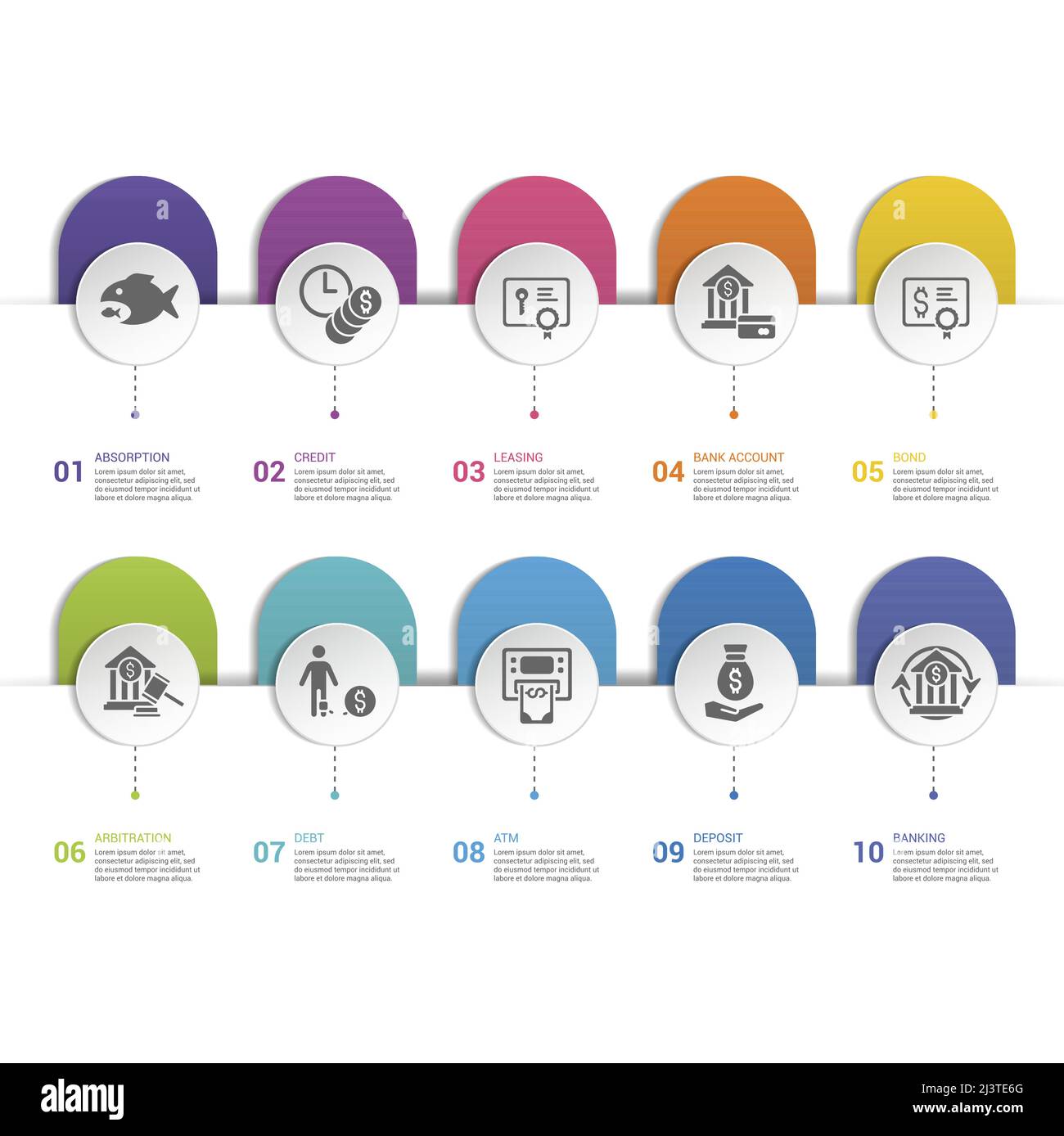 Infographic Banking template. Icons in different colors. Include ...