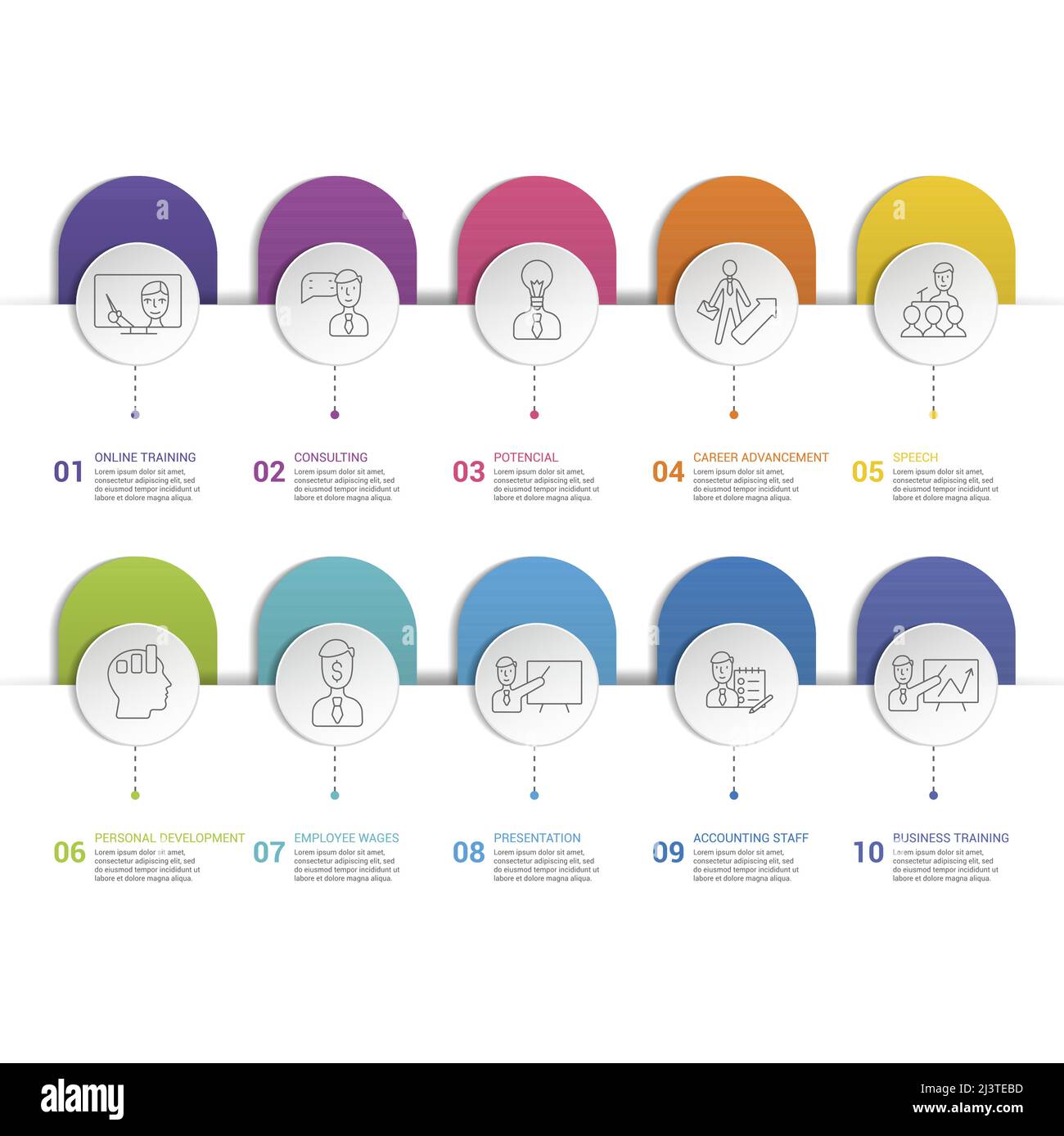 Infographic Business Training template. Icons in different colors ...