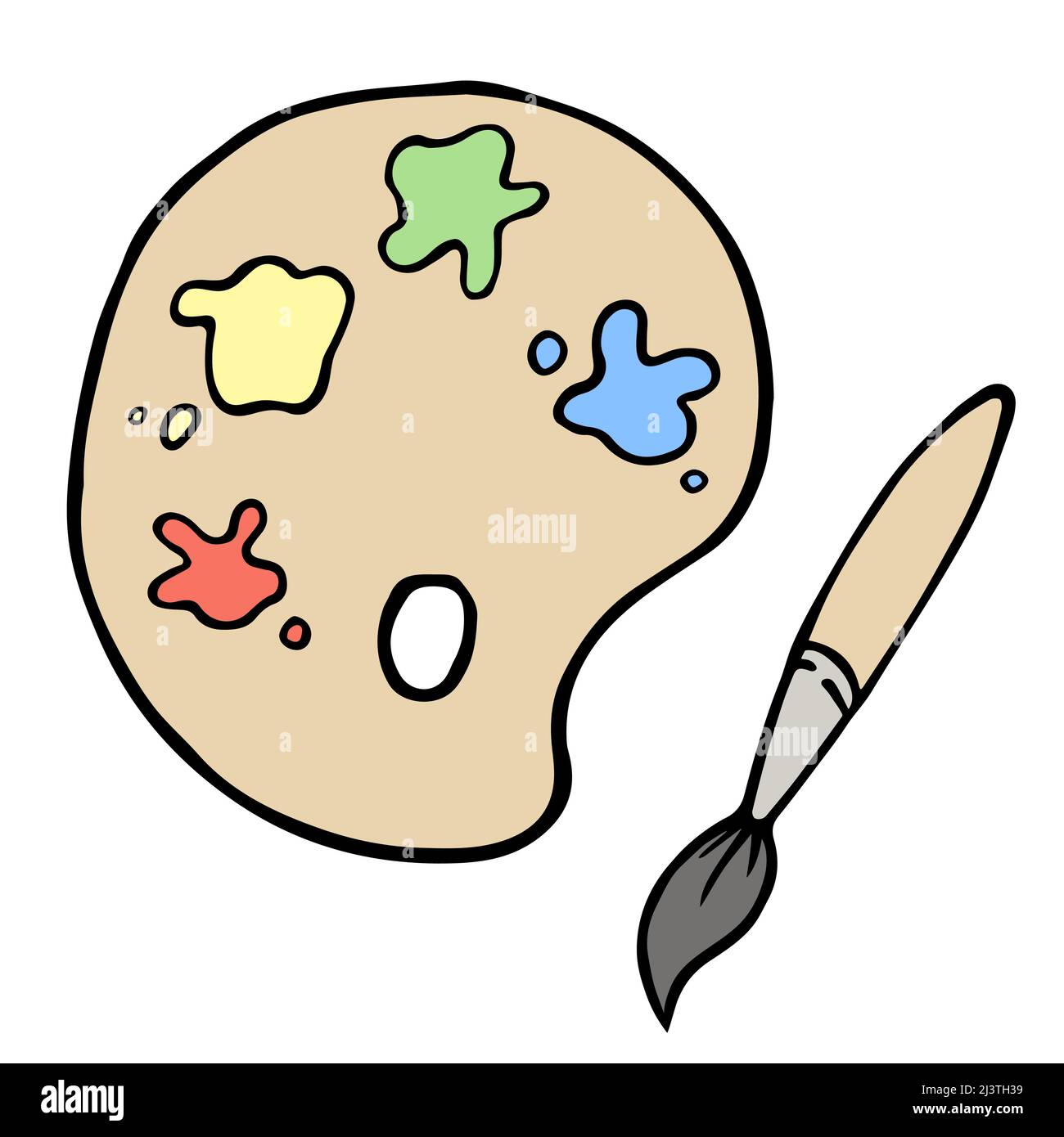 Vector illustration of paintbrush and palette in doodle style. Symbol ...