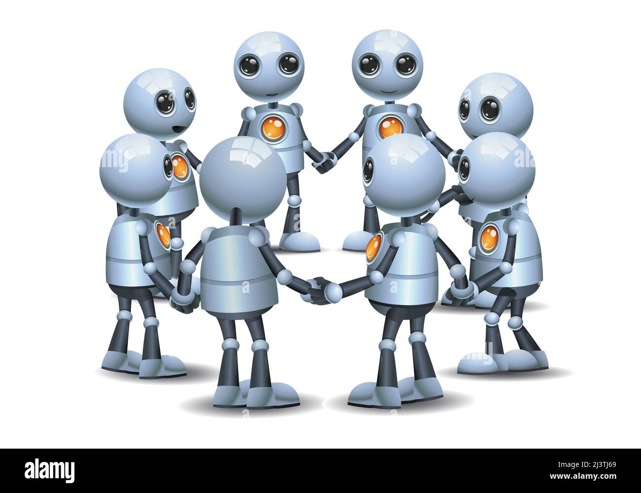 3D illustration of a little robot circular group try to connecting each ...