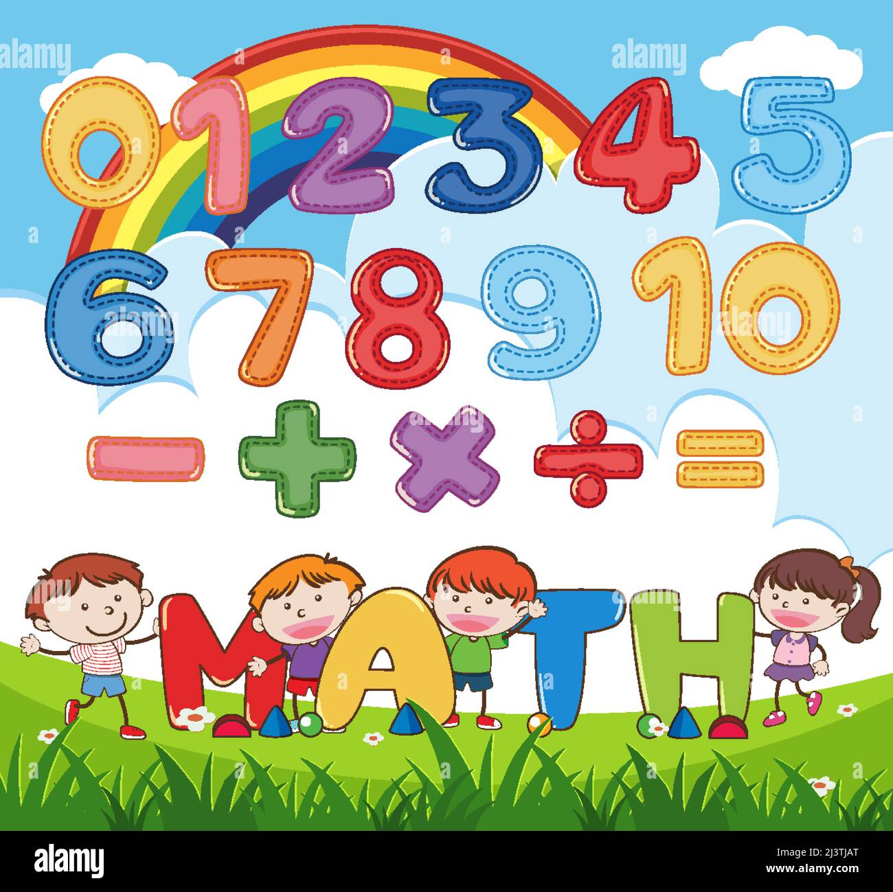 Counting number 0 to 9 and math symbols for kids illustration Stock ...