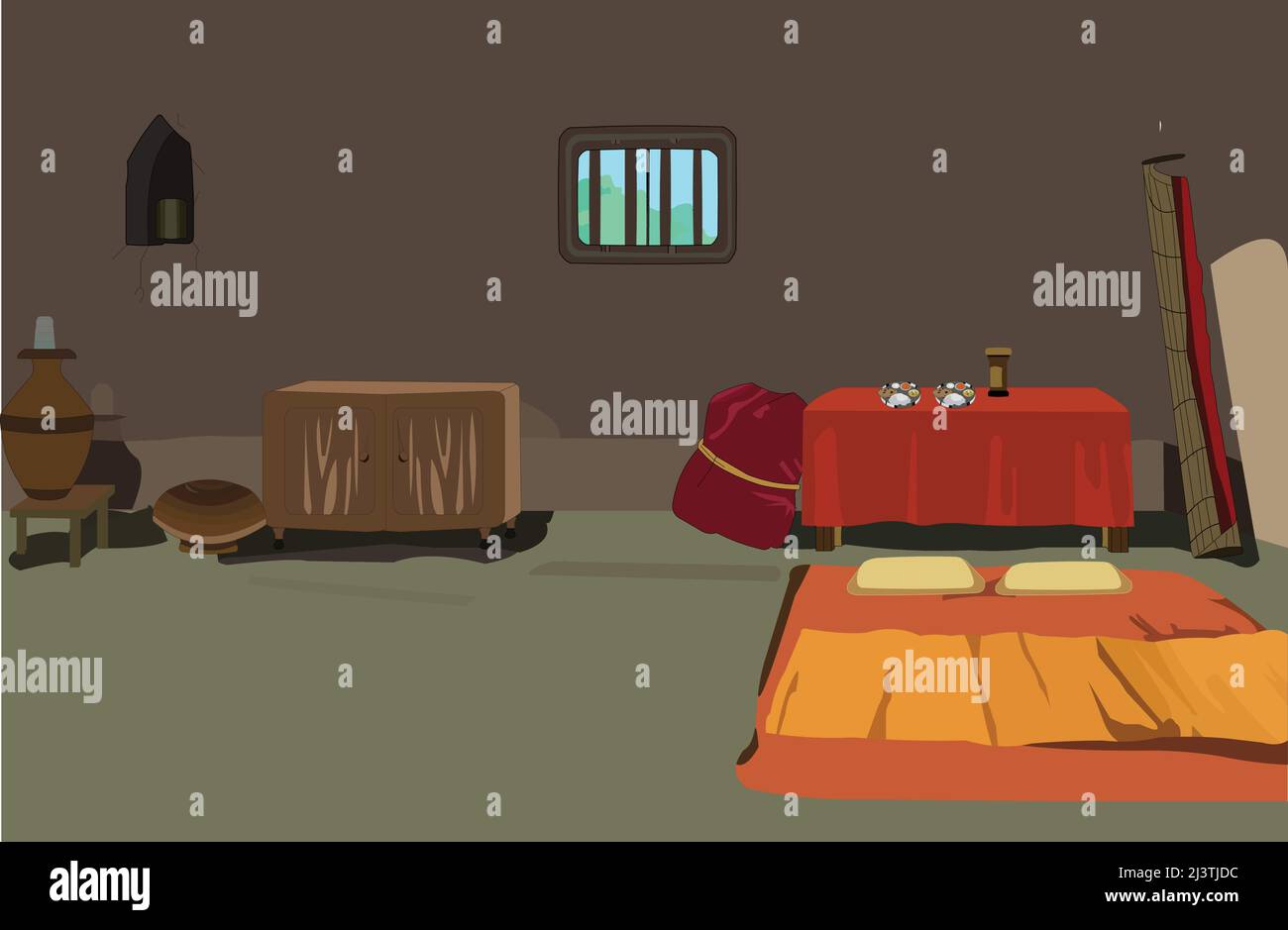 Village living room inside, Poor room interiors cartoon background ...