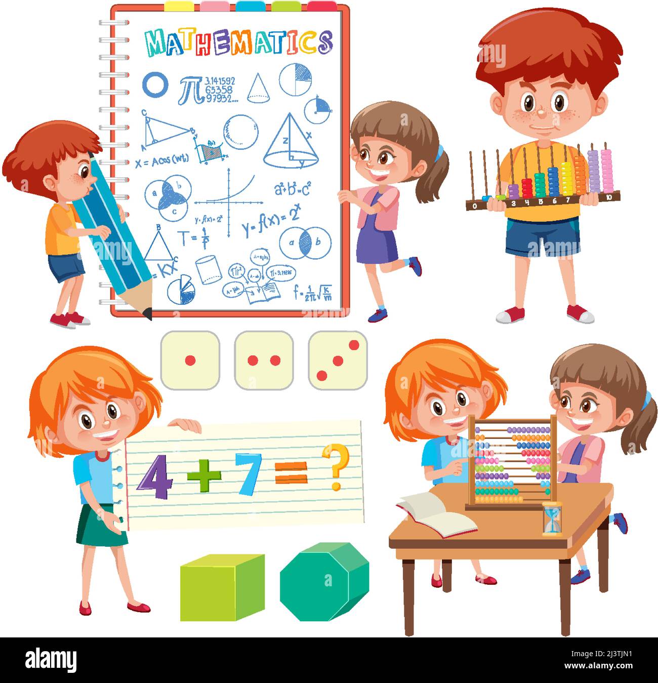 Math classroom objects with supplies and students illustration Stock ...