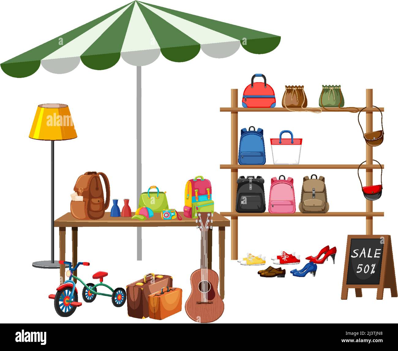 Flea market concept with second hand clothes shop illustration Stock ...