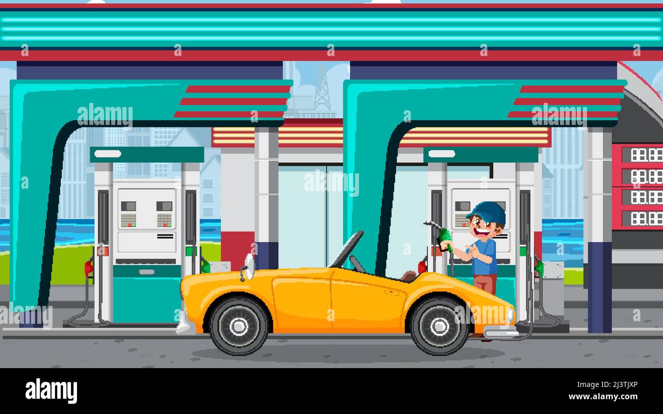 Gas station cartoon scene illustration Stock Vector Image & Art - Alamy