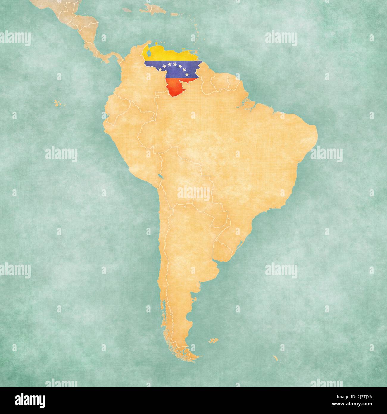 Venezuela (Venezuelan flag) on the map of South America. The Map is in ...