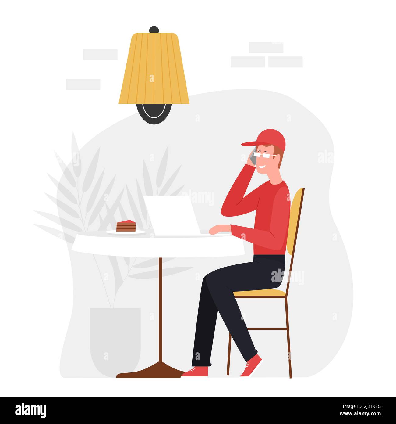 Businessman working at the cafe. Dessert break in the cafeteria, lunch ...