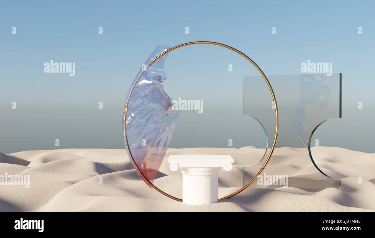 3d rendering of modern minimal cylindrical podium with golden round ...