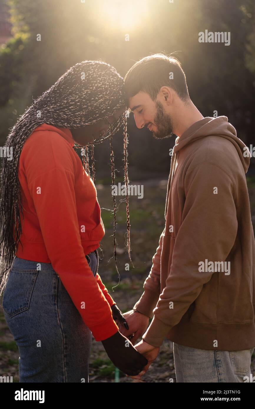 Side view of young bonding biracial couple touching foreheads enjoying ...