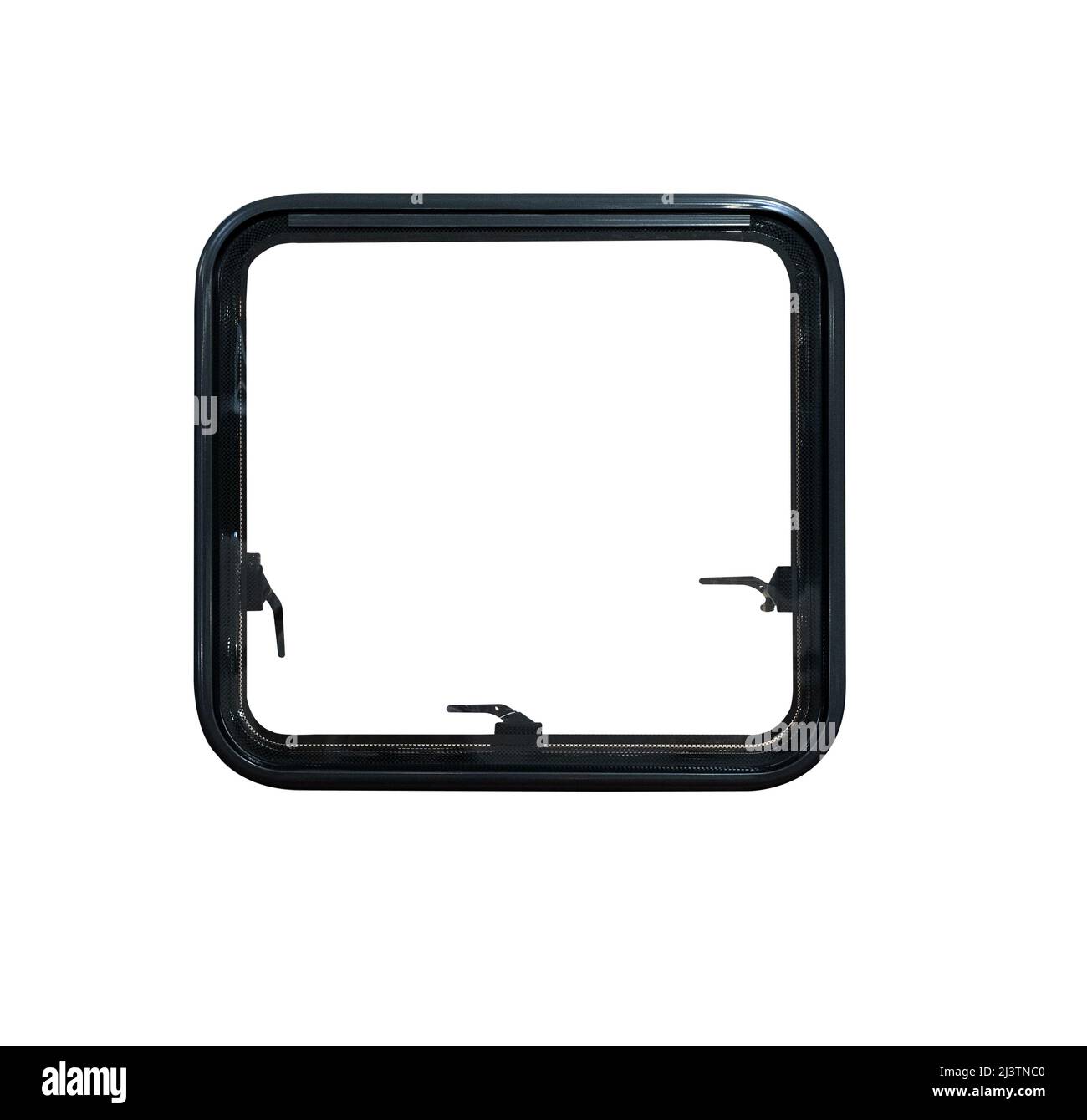 closeup of black camp caravan window hatchet isolated on white ...