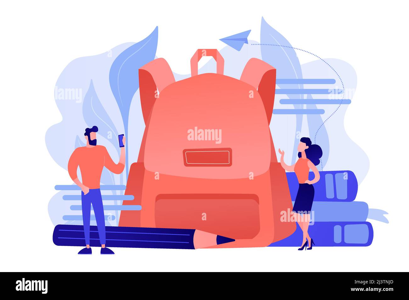 Students wearing new clothes and big backpack, books, pencil. Back to ...