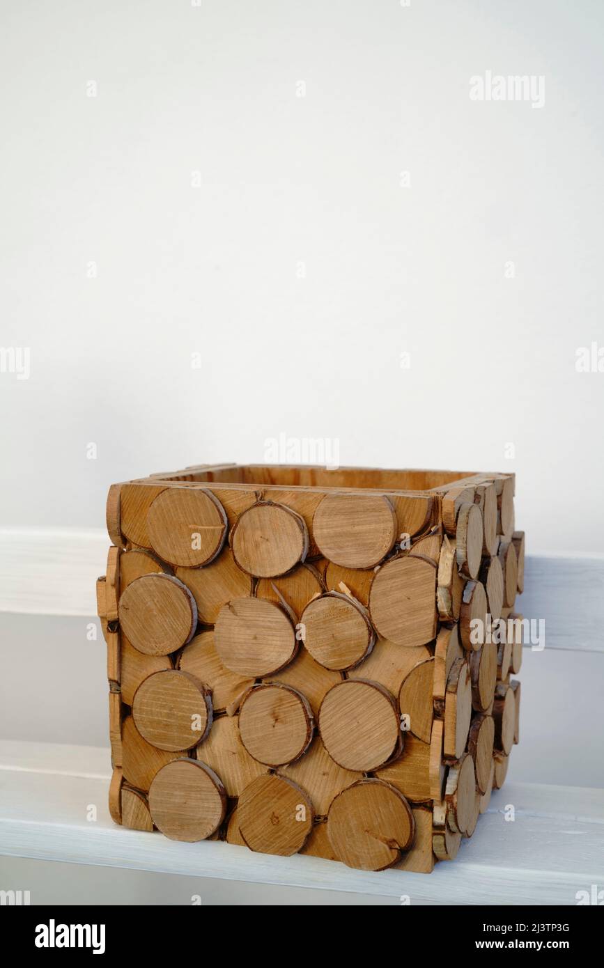 A handmade wooden box made with circles of silver birch wood Stock ...