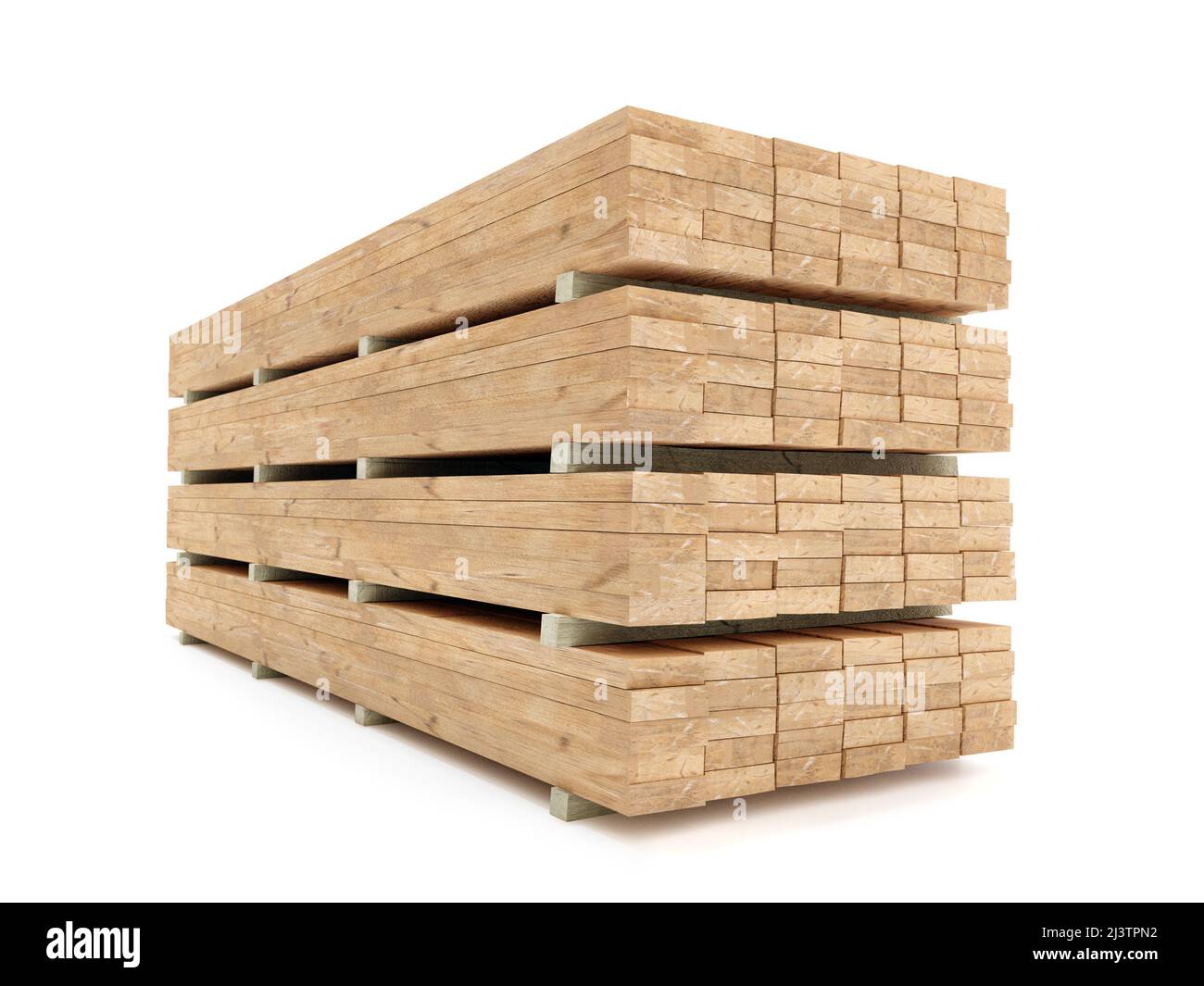 3d rendering of timber planks stacked up in four layers on white ...
