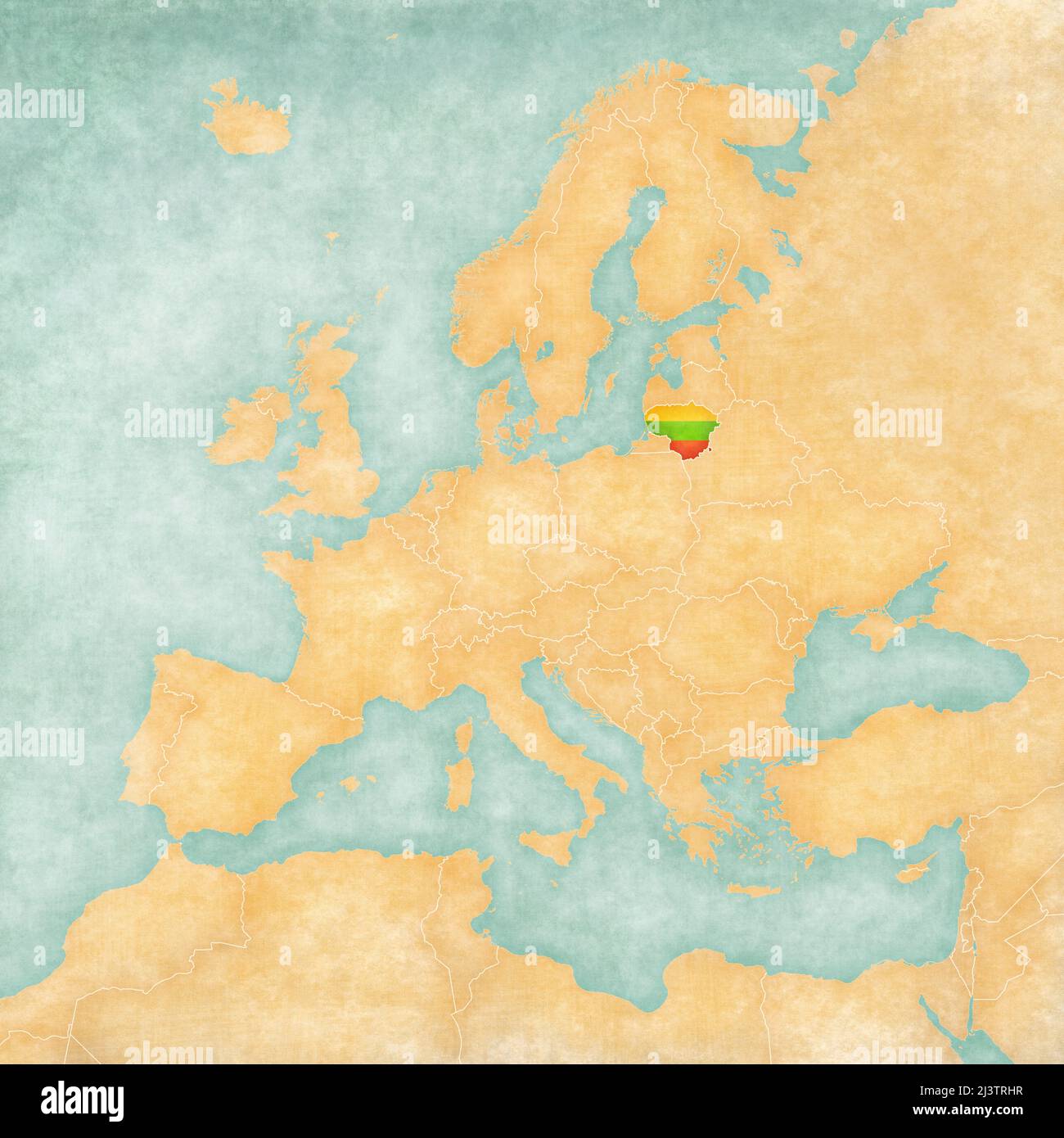 Lithuania (Lithuanian flag) on the map of Europe. The Map is in vintage ...