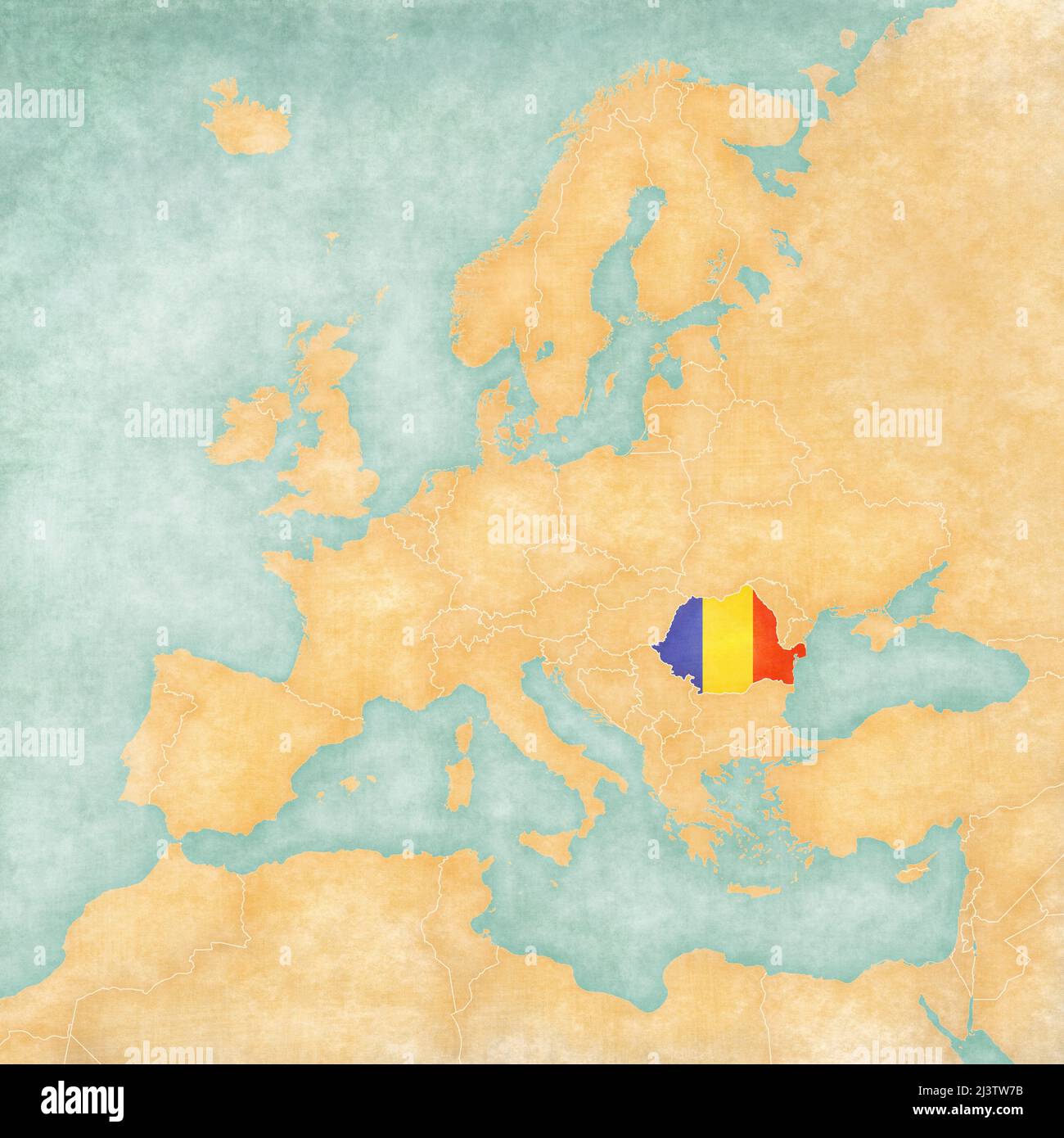 Romania (Romanian flag) on the map of Europe. The Map is in vintage ...