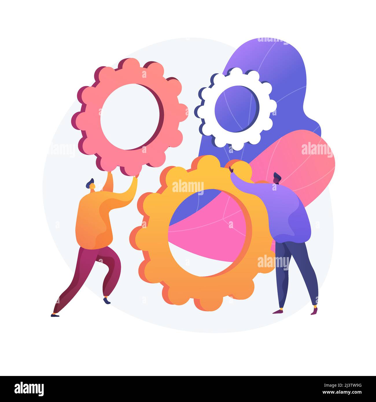 Mechanism of teamwork. Cartoon characters spinning gears together ...
