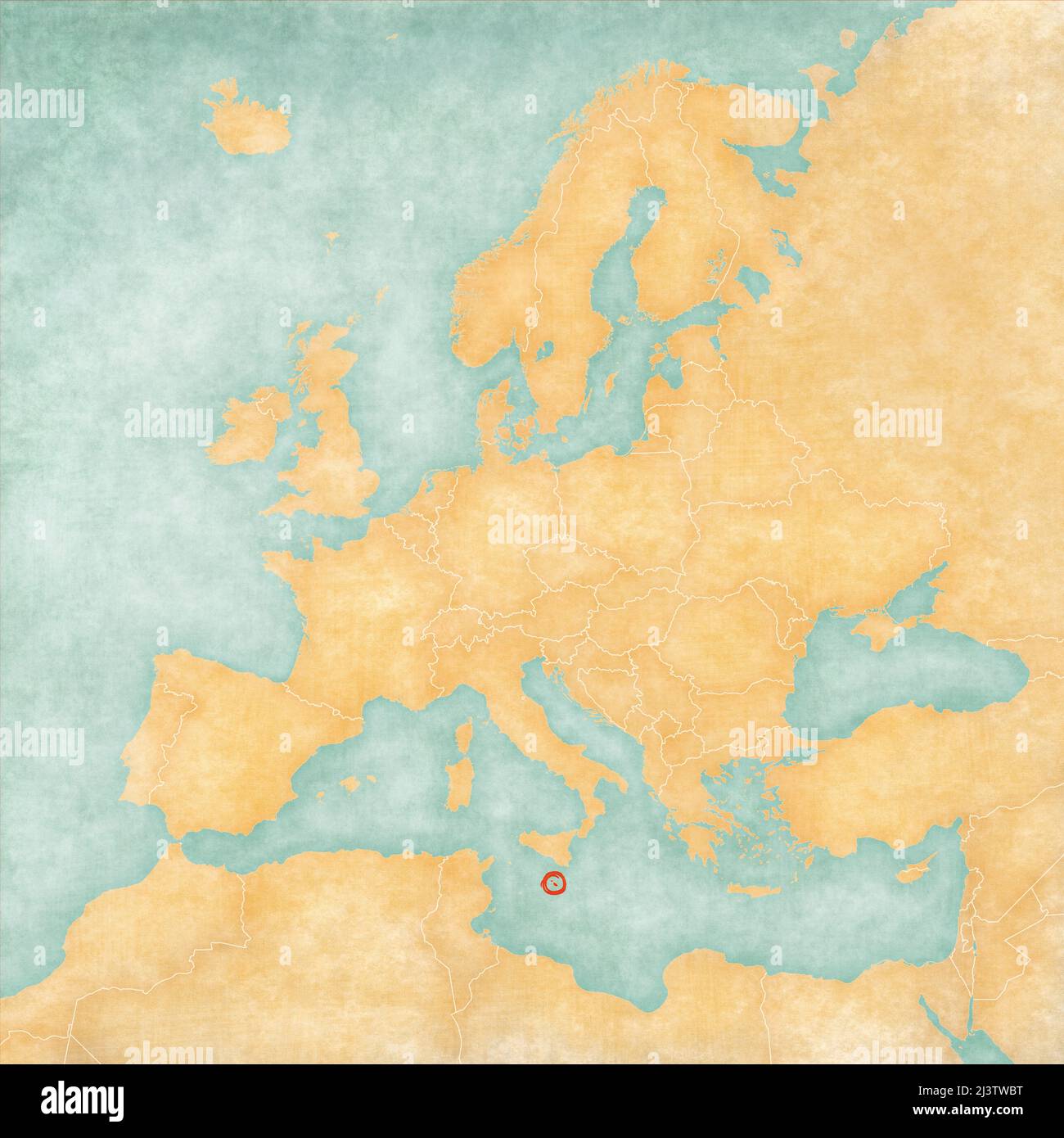 Malta on the map of Europe. The Map is in vintage summer style and ...