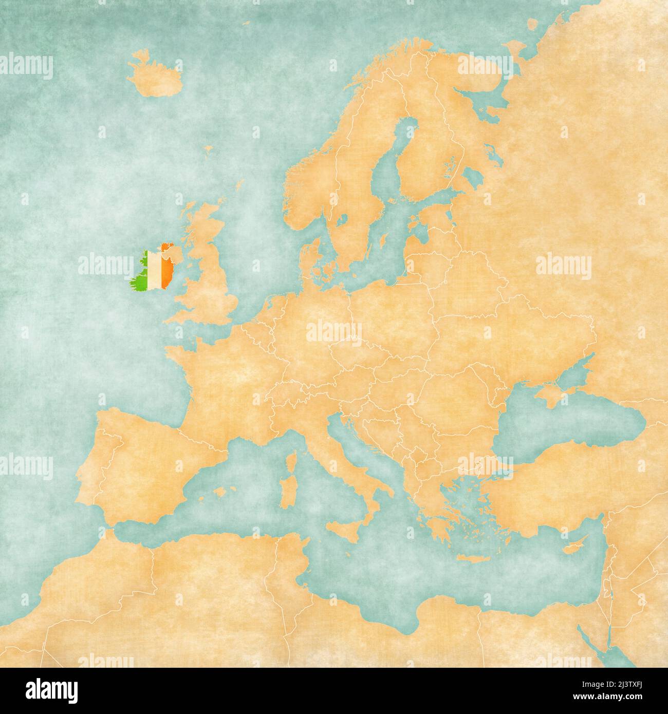 Ireland (Irish flag) on the map of Europe. The Map is in vintage summer ...