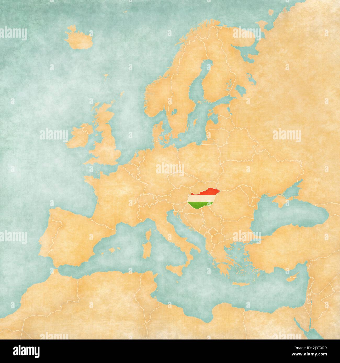 Hungary (Hungarian flag) on the map of Europe. The Map is in vintage ...