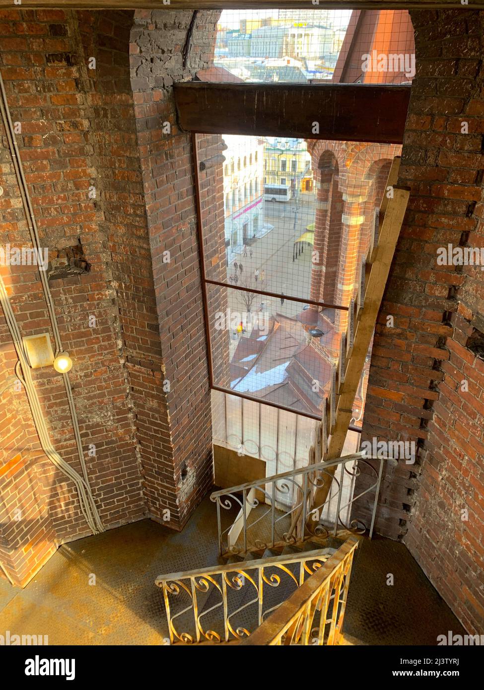 Inside old red bricked tower. View inside church Stock Photo - Alamy