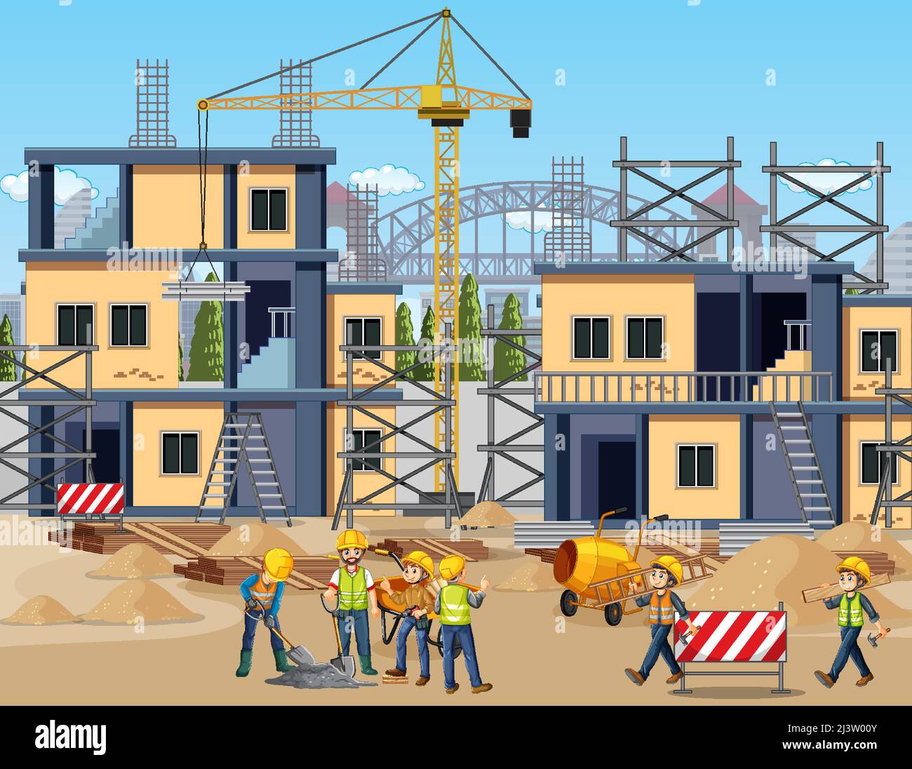 Building construction site with workers illustration Stock Vector Image ...