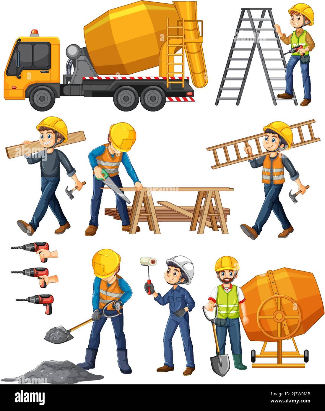 Set of construction site objects and workers illustration Stock Vector ...