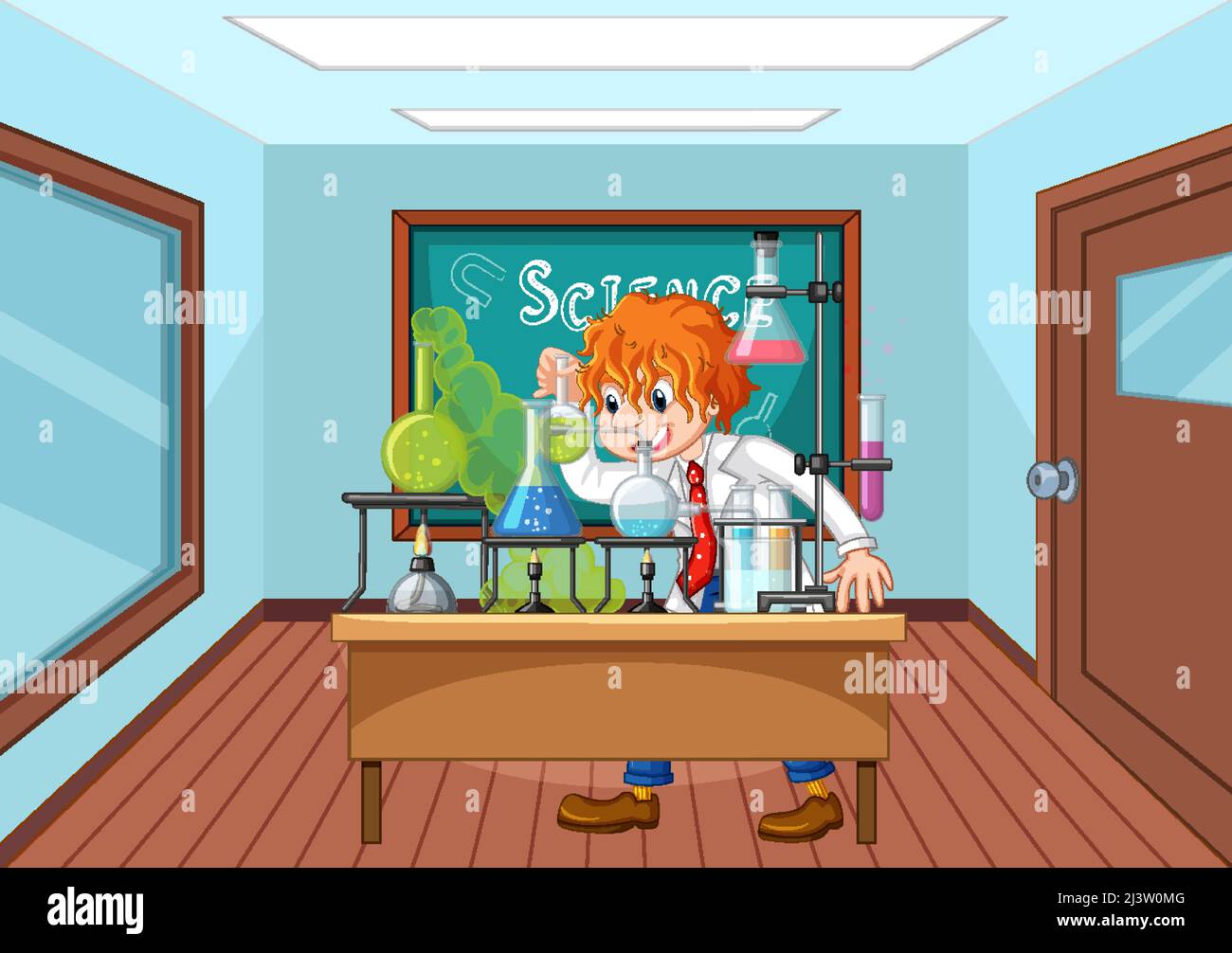 Classroom scene with scientist doing experiment illustration Stock ...