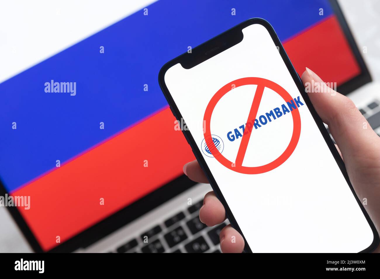 SPB, Russia - April 8, 2022: Gazprombank and sanctions. Blocked Russian ...