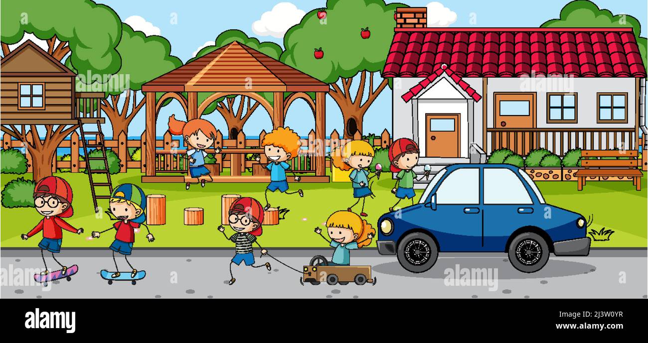 Outdoor scene with doodle house cartoon illustration Stock Vector Image ...