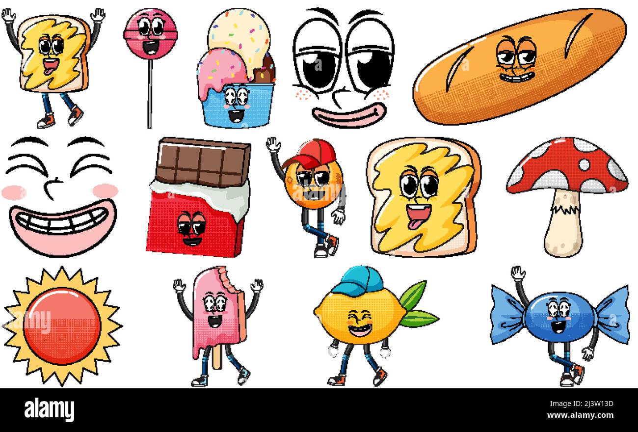 Set of facial expression with vintage style food cartoon on white ...