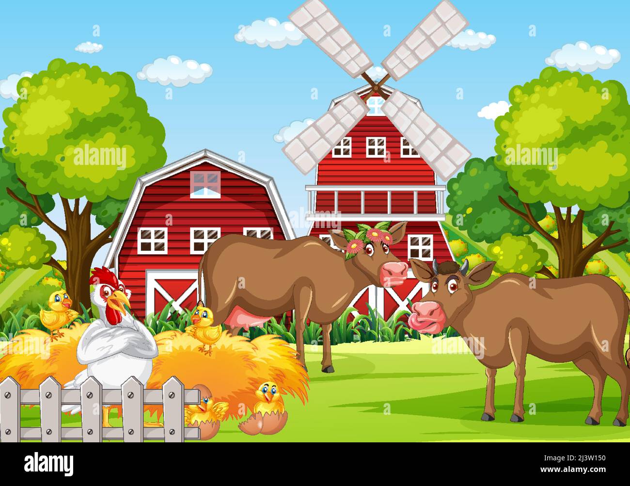 Outdoor cow farm scene with happy animals cartoon illustration Stock ...