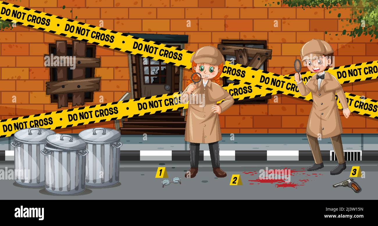 Detective looking for clues with magnifying glass in scene illustration ...