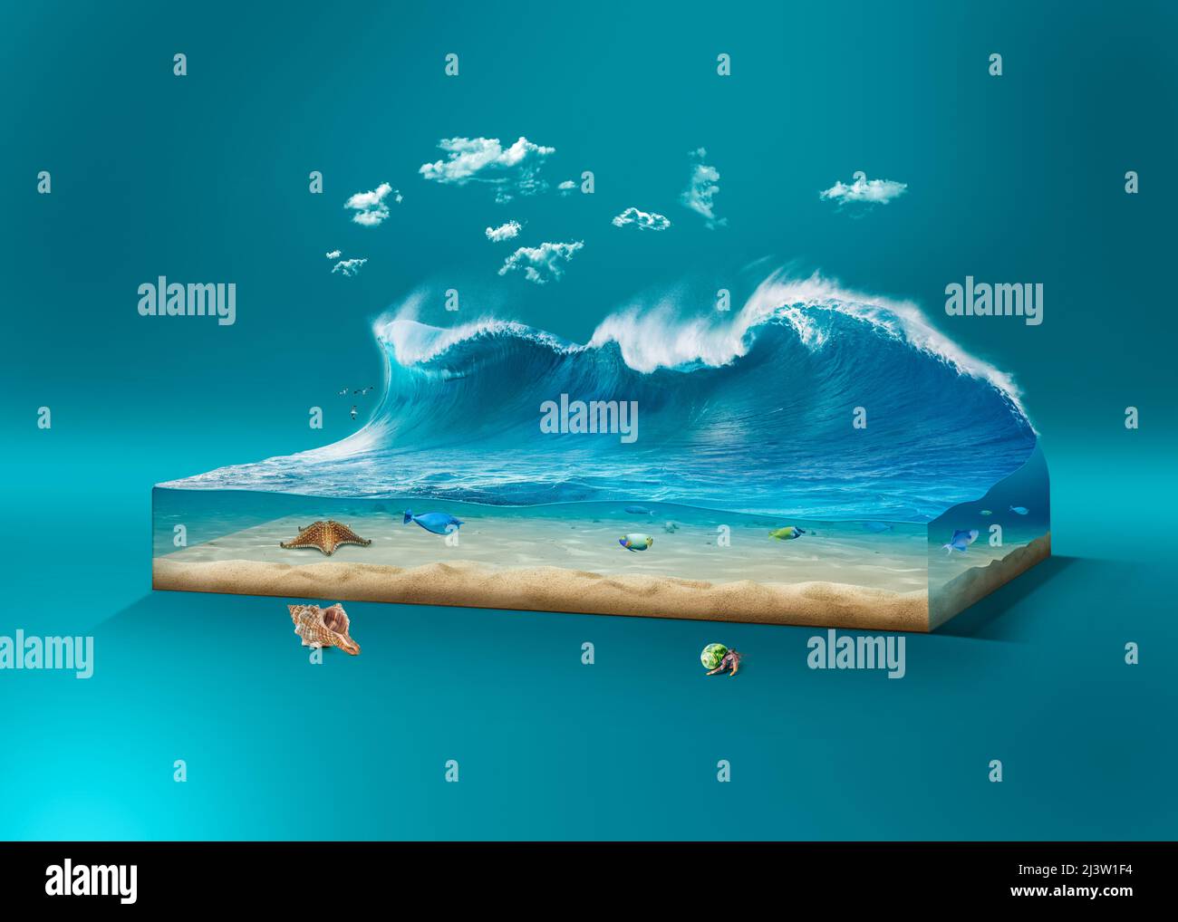 3d illustration of ocean isolated with clouds. Travel and vacation ...