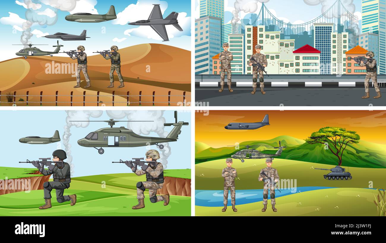 Set of different army war scenes illustration Stock Vector Image & Art ...