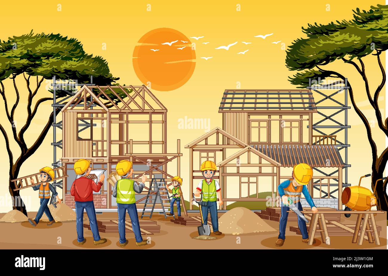 Building construction site with workers illustration Stock Vector Image ...
